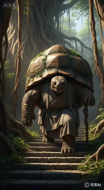 拟人化巨型陆龟宗师走在石阶上 | AI Video